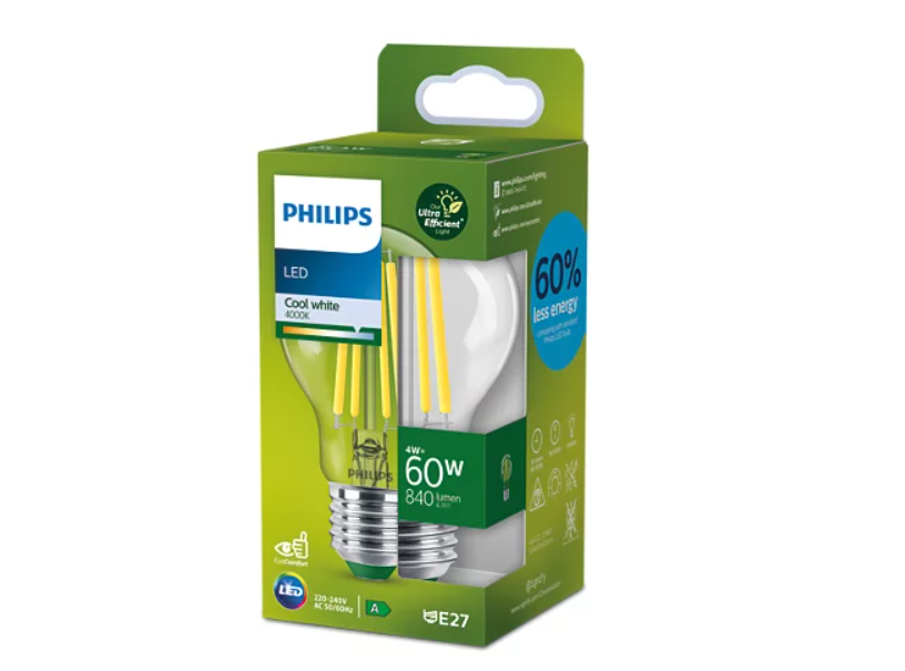 LED lemputė PHILIPS ULTRA EFFICIENT, E27, A60, 4W(=60W), 4000K, 840lm, 210l/W, CL UE SRT4 ...