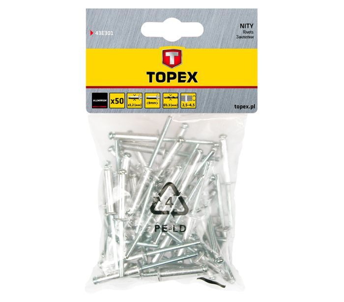 Kniedės TOPEX, 3,2 x 8 mm, aliumininės, 50 vnt. - ermitazas.lt