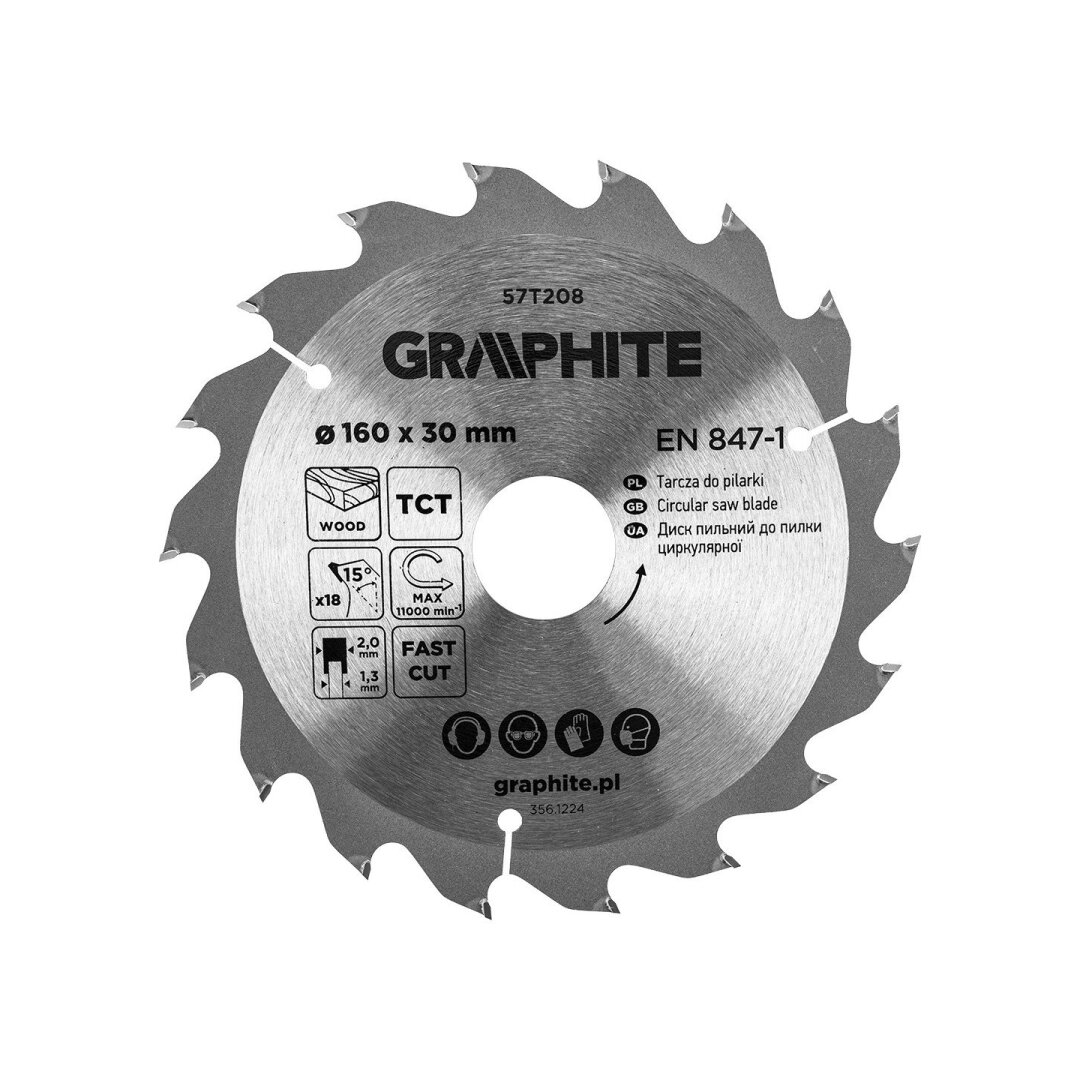 Medžio pjovimo diskas GRAPHITE, 160 x 2,0 x 30 mm, 18 dantų, TCT - ermitazas.lt