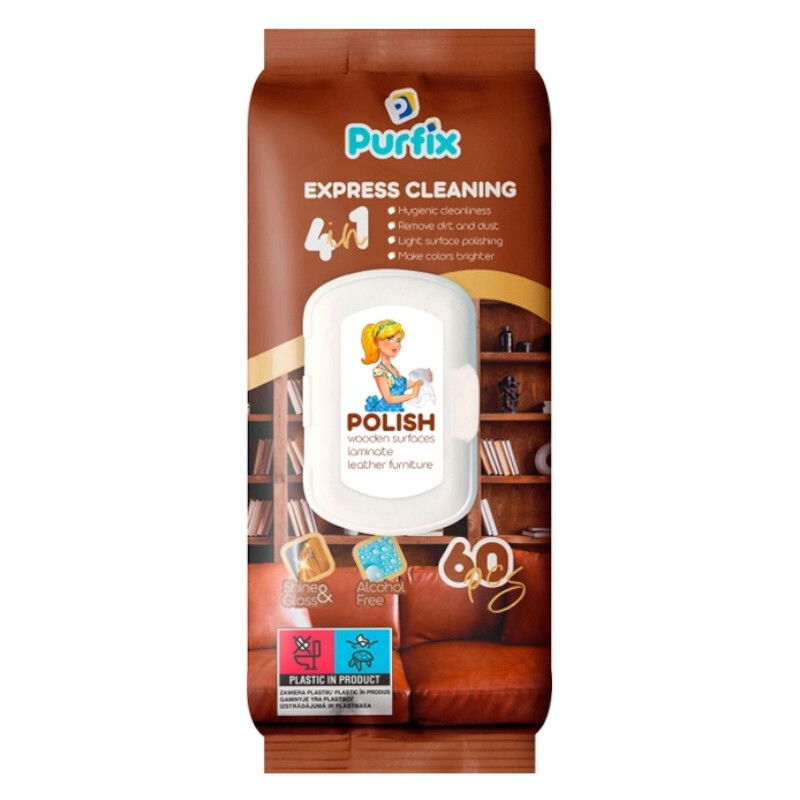 Drėgnos servetėlės baldams PURFIX Polish 4in1, 60 vnt. - ermitazas.lt