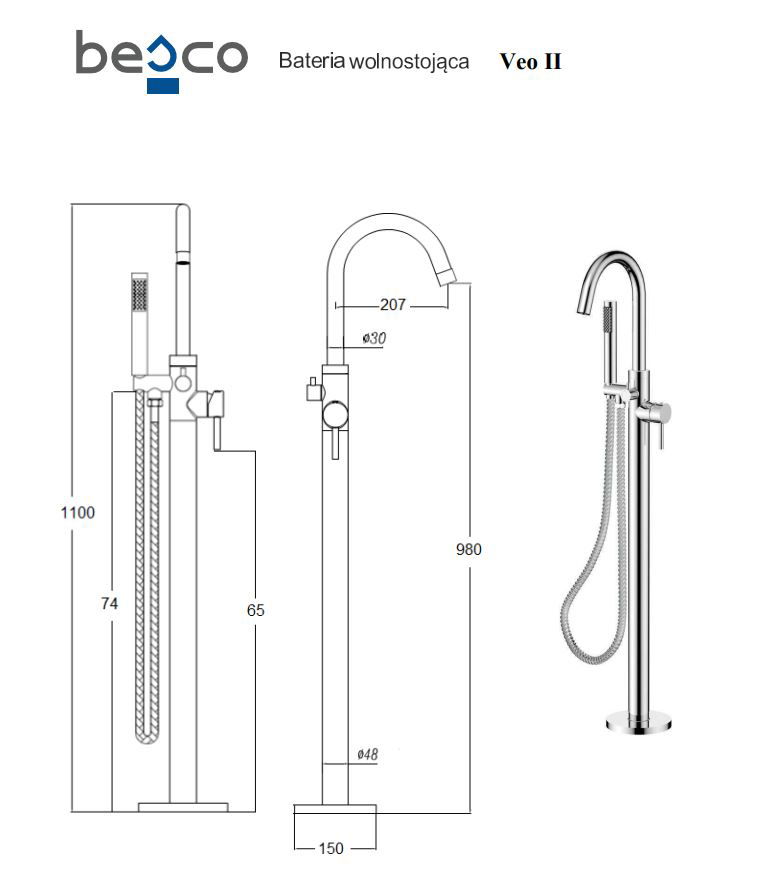 Vonios maišytuvas su dušeliu Besco Veo II, Gold - ermitazas.lt