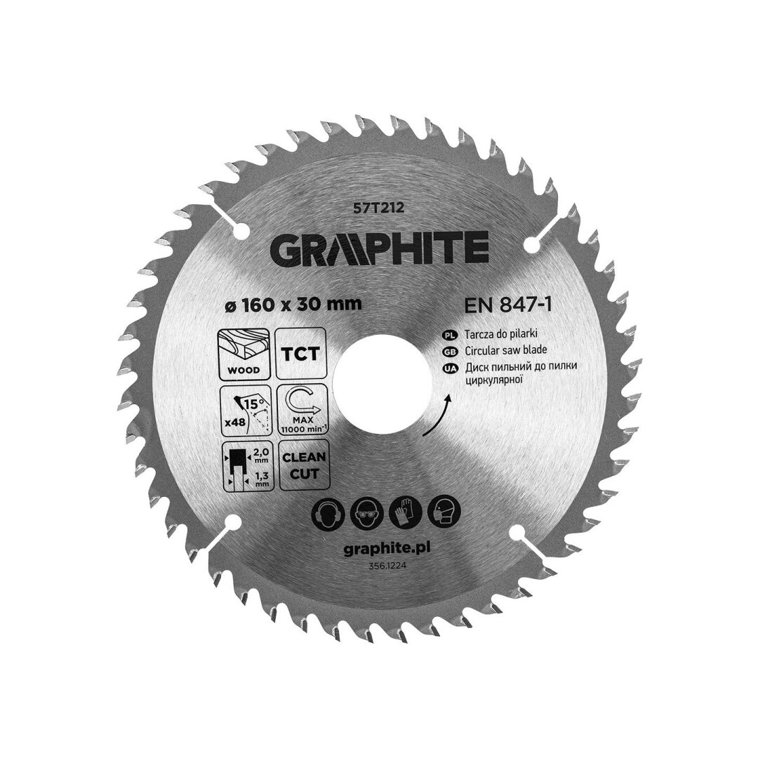 Medžio pjovimo diskas GRAPHITE, 160 x 2,0 x 30 mm, 48 dantų, TCT - ermitazas.lt
