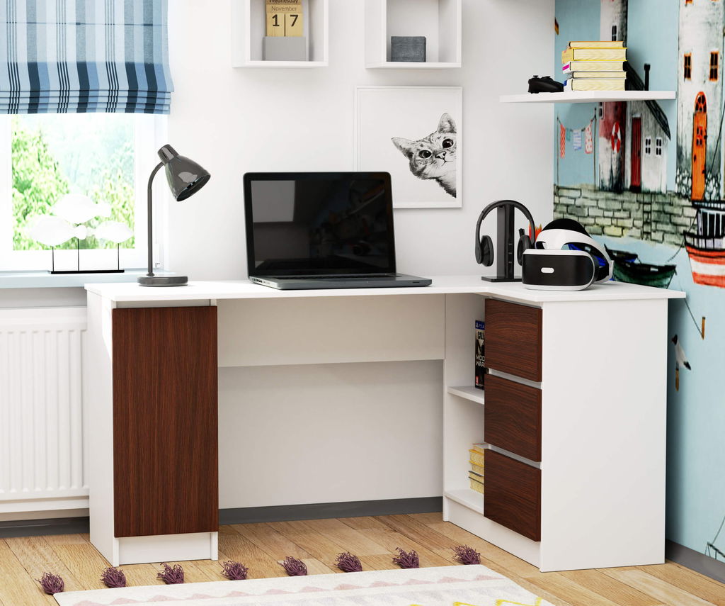 Kampinis rašomasis stalas B20, dešininis, balta/venge - ermitazas.lt