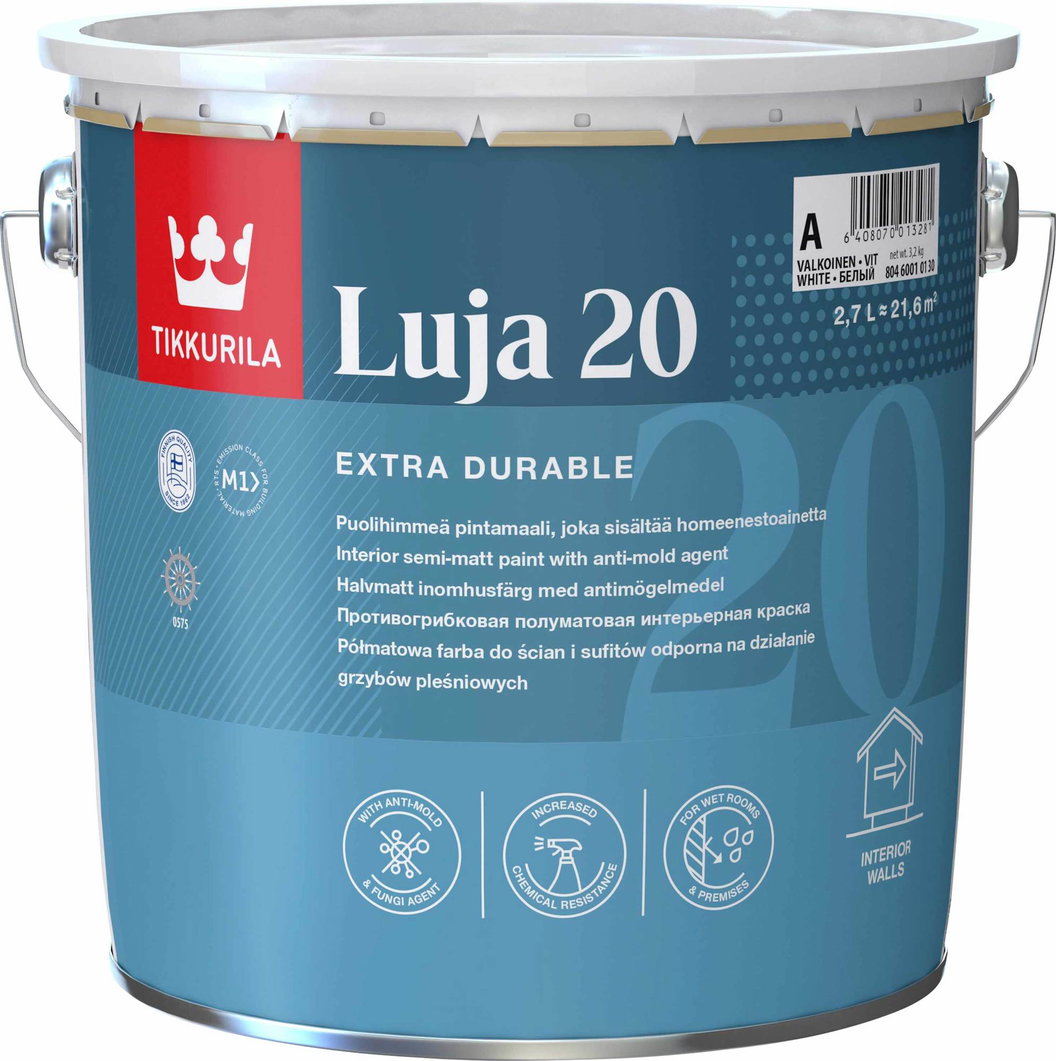 Sienų ir lubų dažai TIKKURILA LUJA 20, A bazė, pusiau matiniai, 2,7 l ...