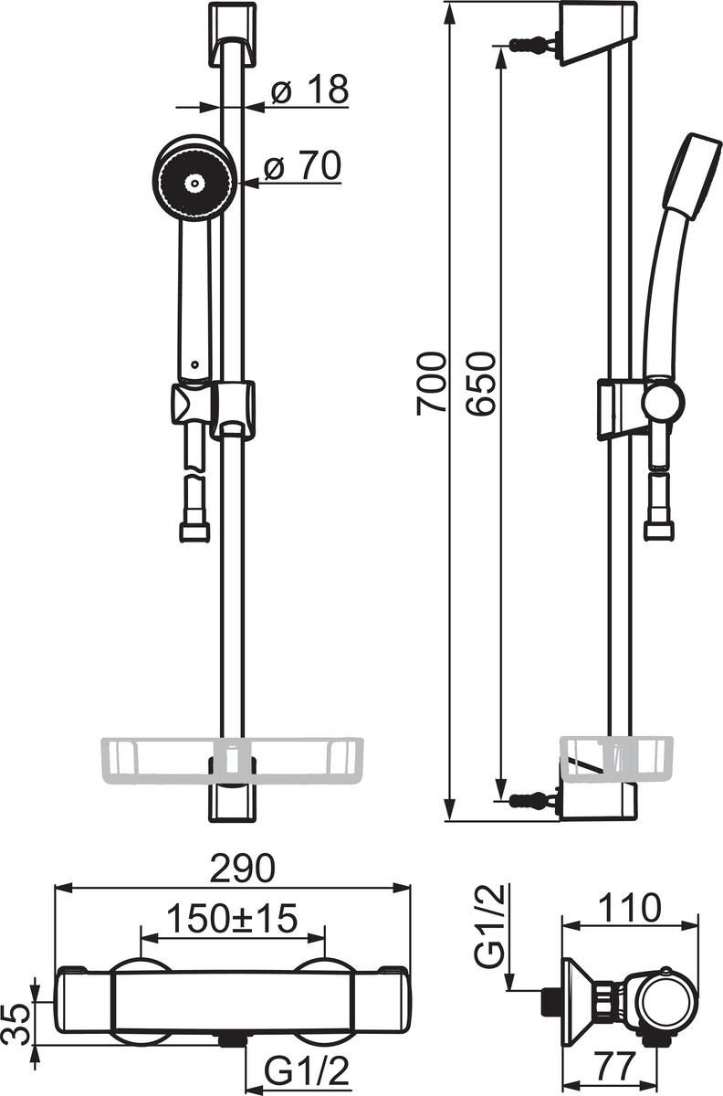 Dušo termostatinis maišytuvas ORAS NOVA su dušo sistema, chromo sp. - ermitazas.lt
