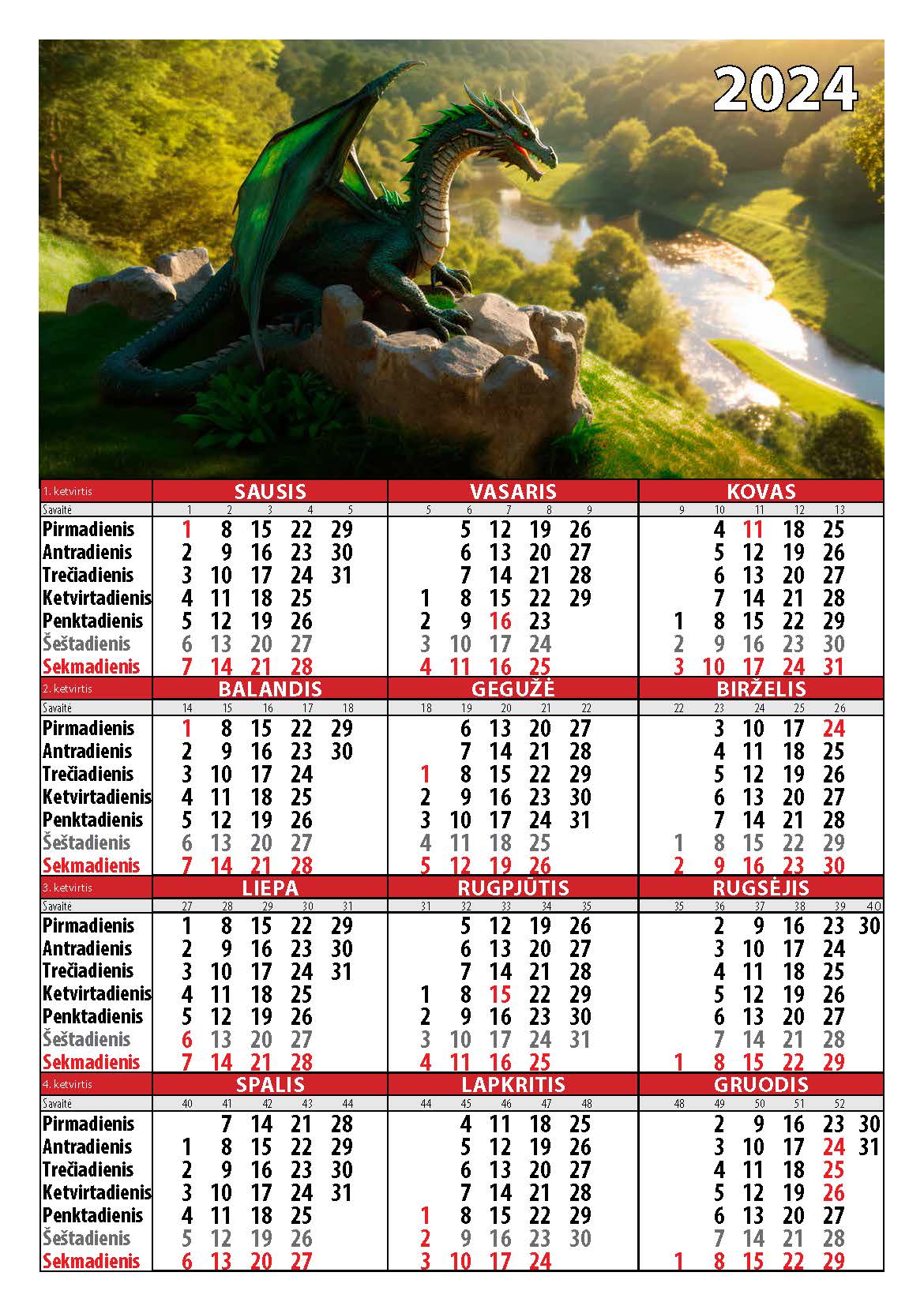 Kalendorius 2024, 1 lapo, A3 - ermitazas.lt