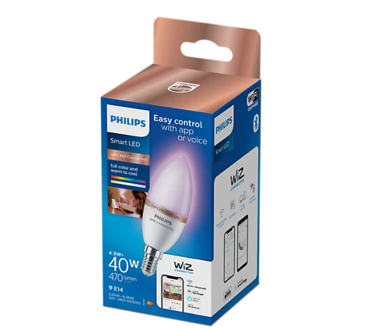 Išmanioji LED lemputė PHILIPS, E14, C37, 4,9W (=40W), 2200-6500K, 470lm, RGB, SMART + WiFi ...