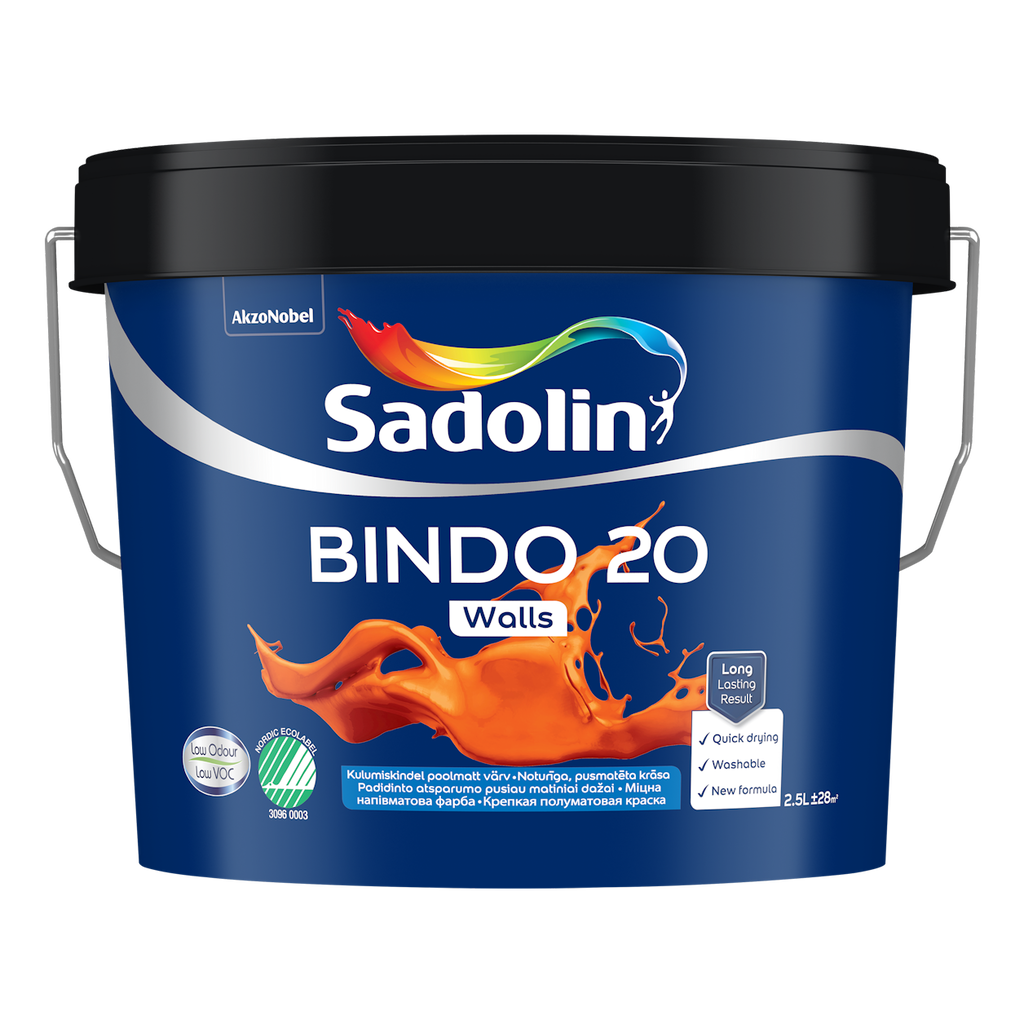 Sienų ir lubų dažai SADOLIN BINDO 20, pusiau matiniai, baltos sp., BW bazė, 2,5 l - ermitazas.lt