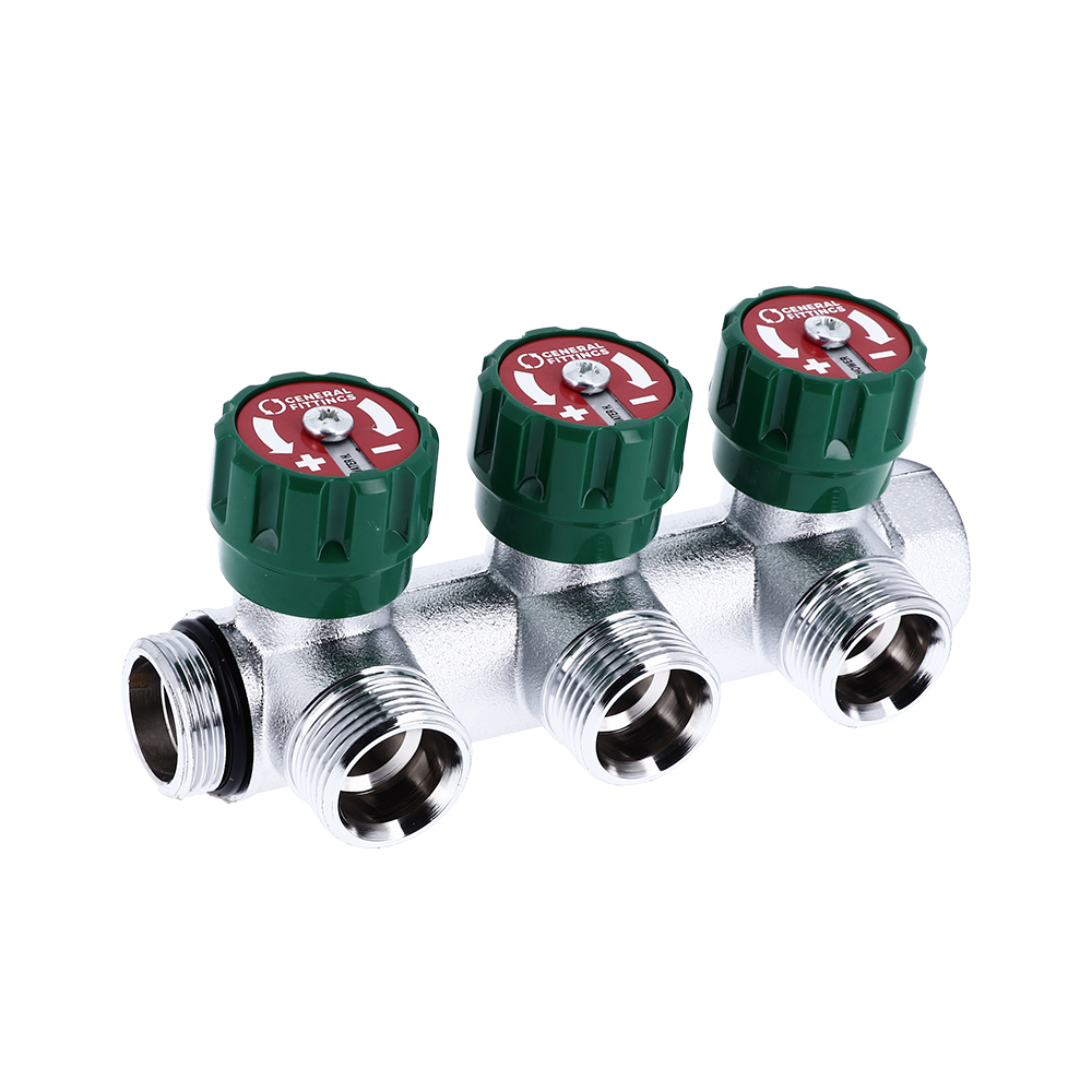 Reguliuojamas vandientiekio kolektorius GENERAL FITTINGS, 4 žiedų, 900, 3/4" x 3/4" - ermitazas.lt