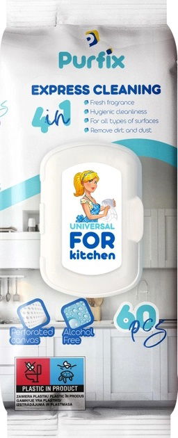 Drėgnos servetėlės virtuvės paviršiams PURFIX Kitchen 4in1, 60 vnt ...