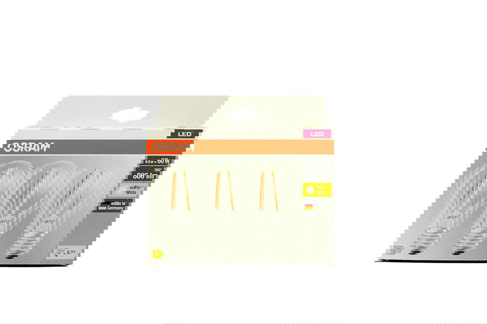 LED lemputės OSRAM FILAMENT BASE CLASSIC, E27, A60, 2700 K, 7 W, 806 lm, non-dim, 3 vnt ...